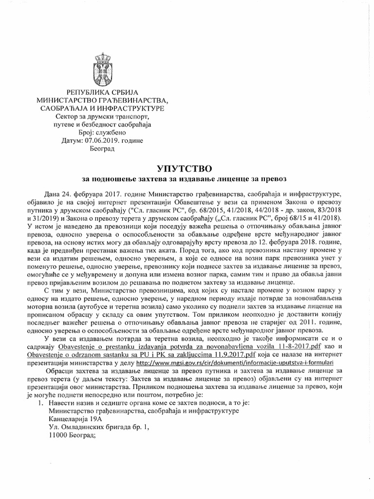 Uputstvo Za Podnosenje Zahteva Za Izdavanje Licence Za Prevoz 07-06-2019 - 1 PDF | PDF