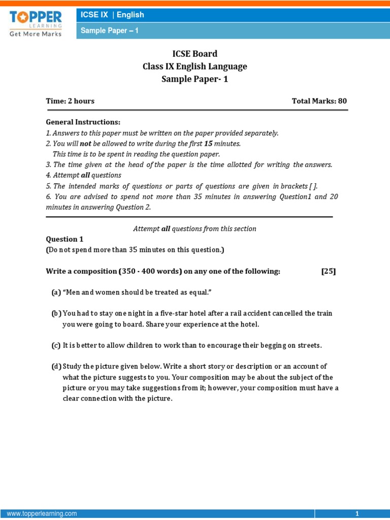 ICSE Board Class IX English Language Sample Paper-1: Time: 2 Hours ...