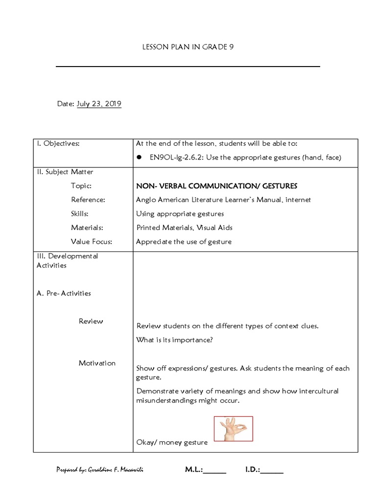 Lesson Plan | PDF | Gesture | Lesson Plan