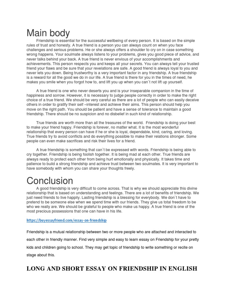 Main Body: Long and Short Essay On Friendship in English | PDF ...