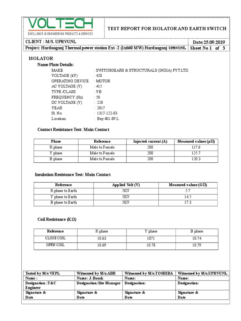 Test Report For Isolator and Earth Switch Date:25.09.2019 Sheet No 1 of ...