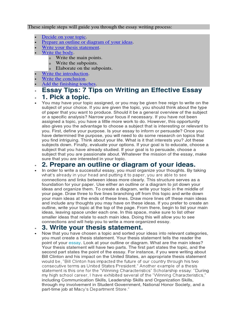 Essay Tips: 7 Tips On Writing An Effective Essay 1. Pick A Topic | PDF ...
