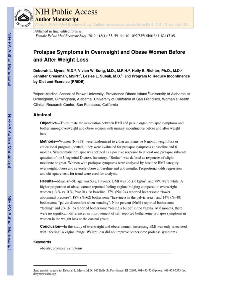 NIH Public Access: Prolapse Symptoms in Overweight and Obese Women ...