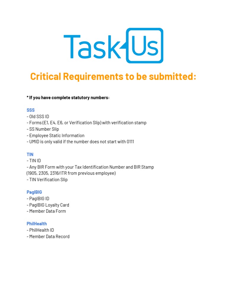 Critical Requirements (TaskUs) | PDF | Identity Document | Official Documents