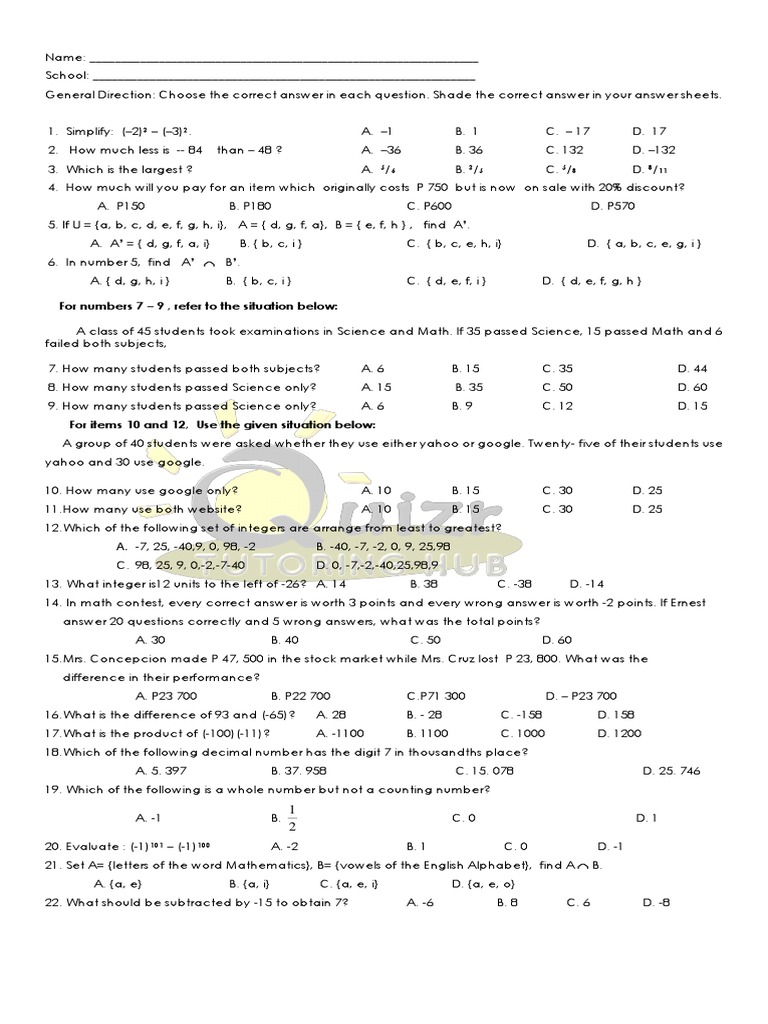 General Direction Math Test | PDF | Volume | Integer