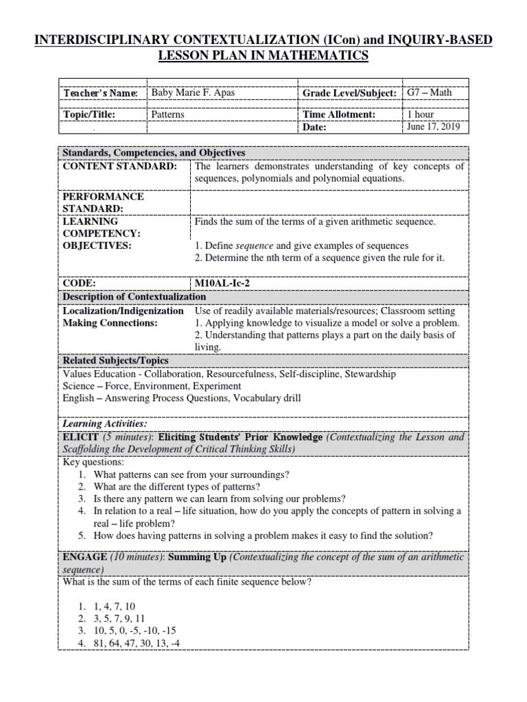 Interdisciplinary Contextualization (Icon) and Inquiry-Based Lesson ...