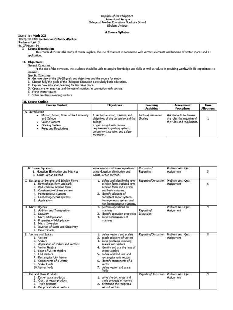 Math 202 Vectors Syllabus 2017 | Download Free PDF | Vector Space ...