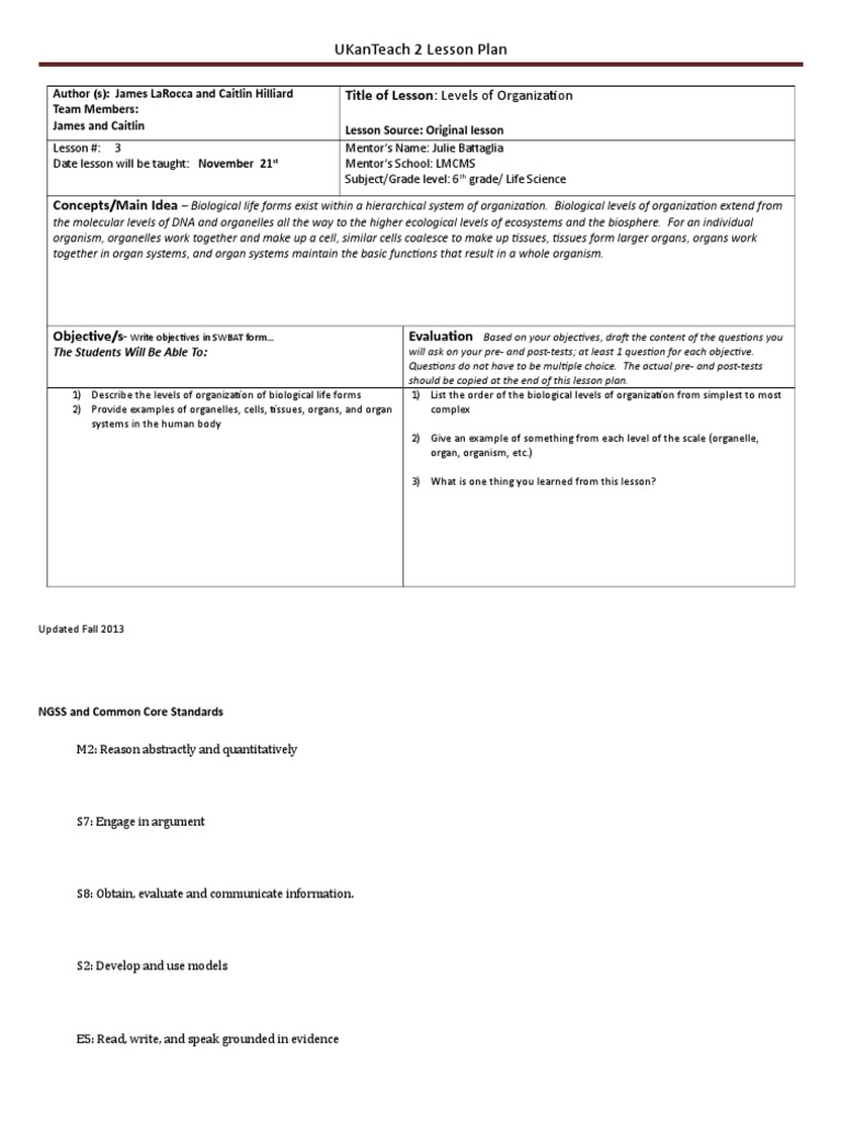 Ukanteach 2 Lesson Plan: Title of Lesson: Levels of Organization | PDF ...