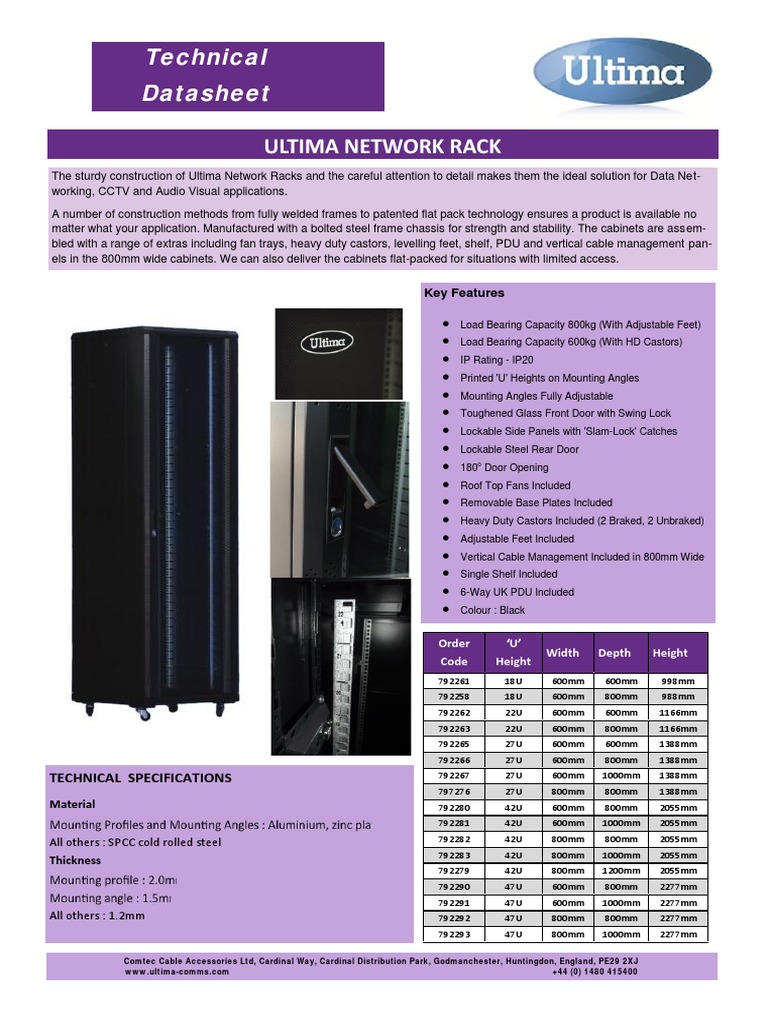 Ultima Network Rack Specs & Features | PDF | Door | Manufactured Goods