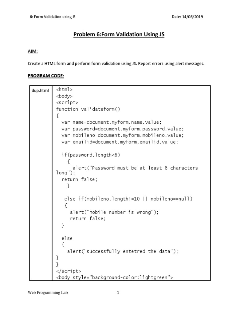 Validating User Registration Form Inputs With Javascript Alert Messages Pdf World Wide Web