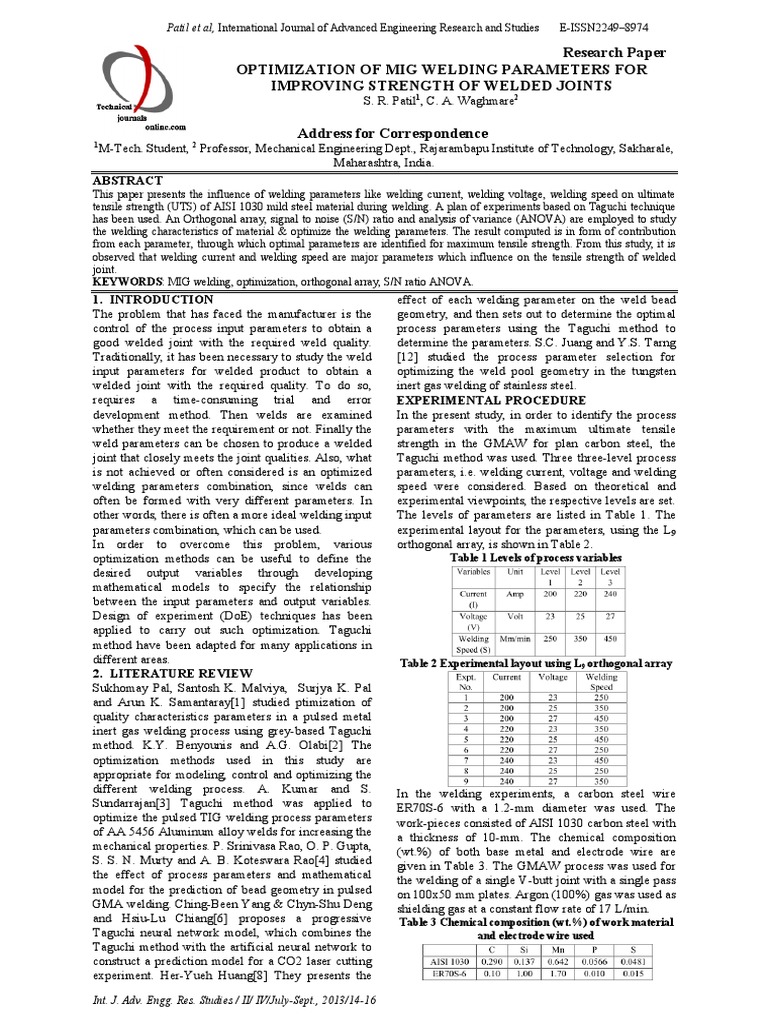 Research Paper Optimization of Mig Welding Parameters For Improving ...