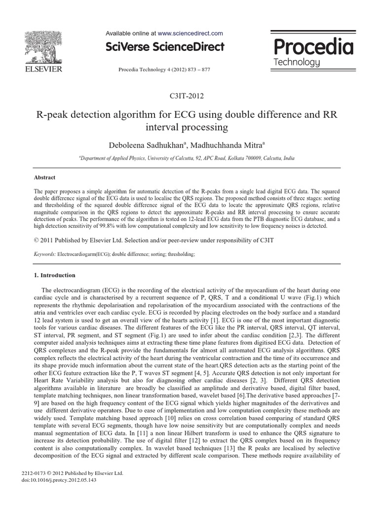 R-Peak Detection Algorithm For Ecg Using Double Difference and RR Interval Processing | Download ...