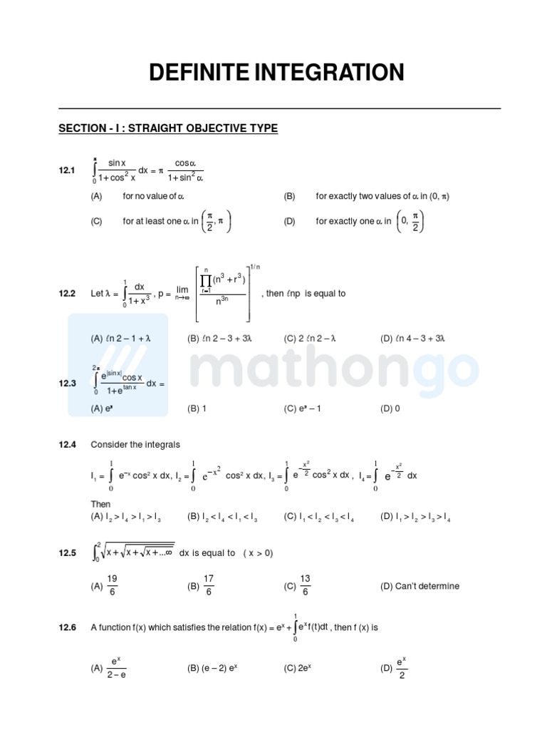 Definite Integration: Section - I: Straight Objective Type | PDF ...
