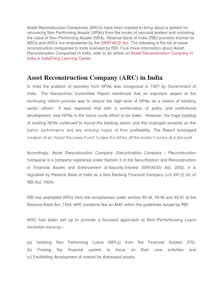 Asset Reconstruction Companies | PDF | Reserve Bank Of India | Investing