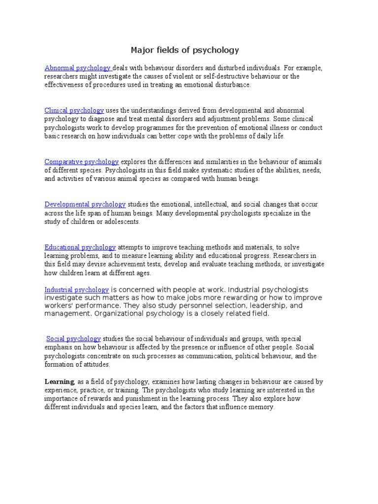 Major Fields of Psychology | PDF | Behaviorism | Psychology