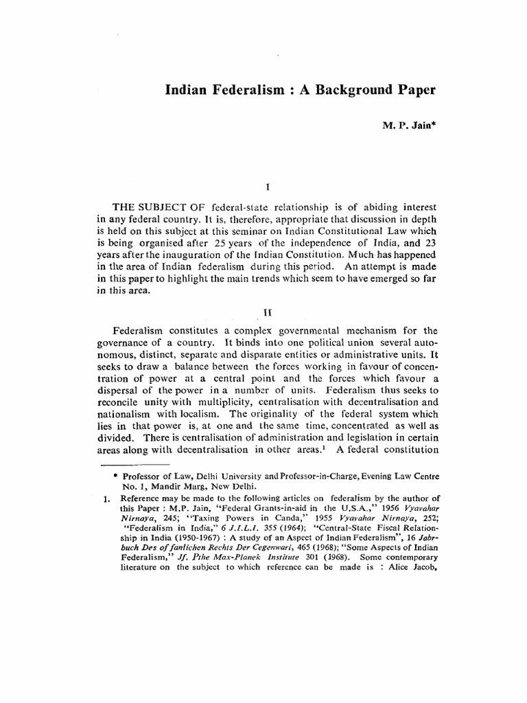 Indian Federalism: A Background Paper: M. P. Jain | PDF | Federalism ...