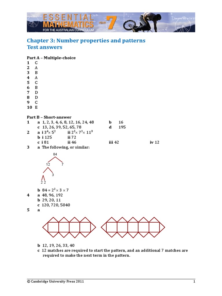 Chapter 3: Number Properties and Patterns Test Answers: © Cambridge ...