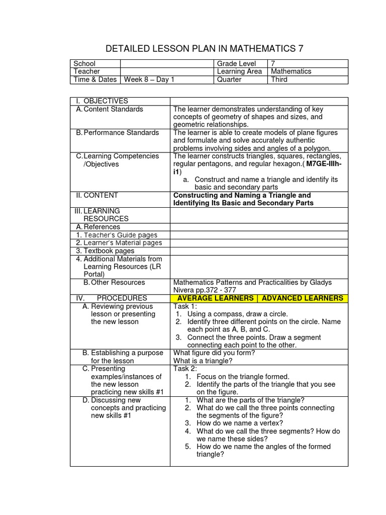 Detailed Lesson Plan in Mathematics 7 | PDF | Triangle | Geometry