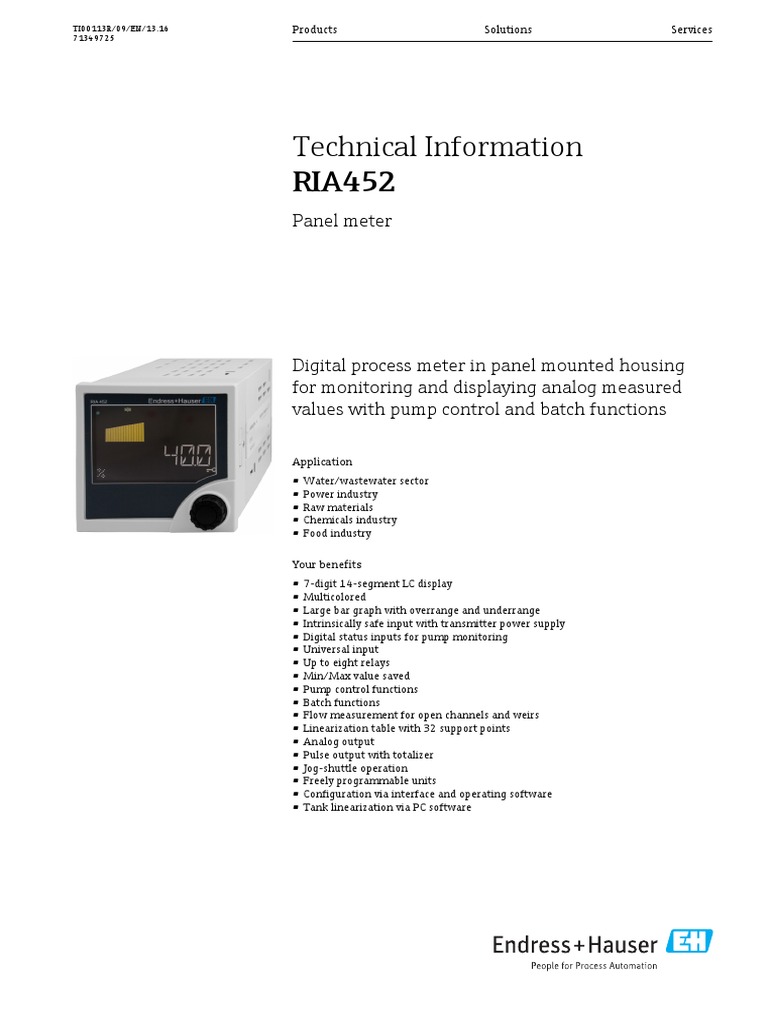 Technical Information RIA452: Panel Meter | PDF | Power Supply | Relay