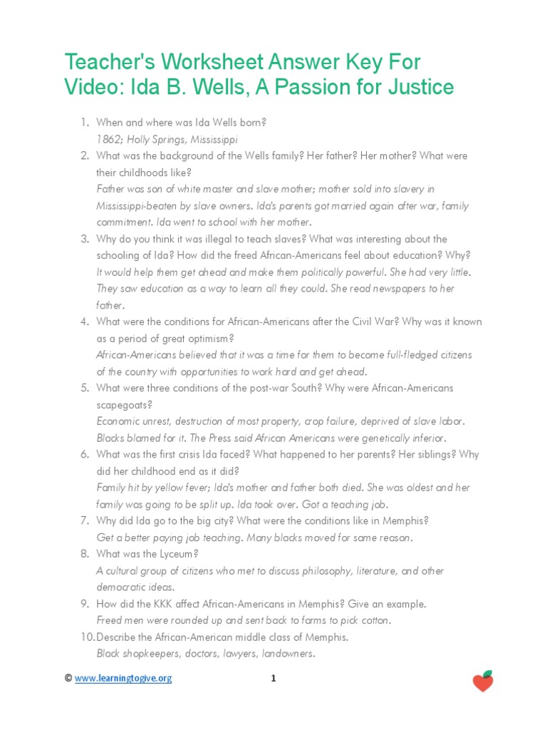Teacher's Worksheet Answer Key For Video: Ida B. Wells, A Passion For ...