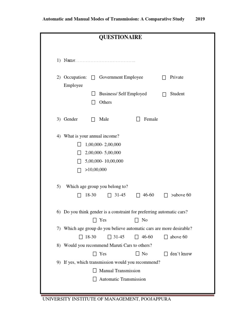 Questionaire: Automatic and Manual Modes of Transmission: A Comparative ...