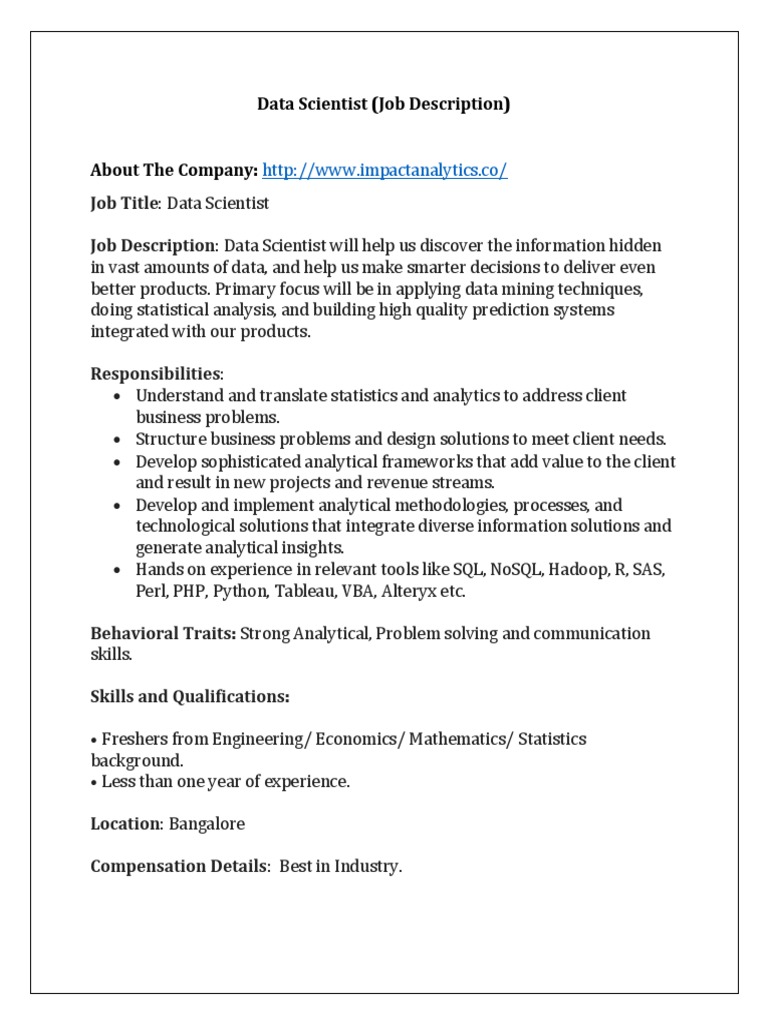 Data Scientist (Job Description) | PDF | Computers