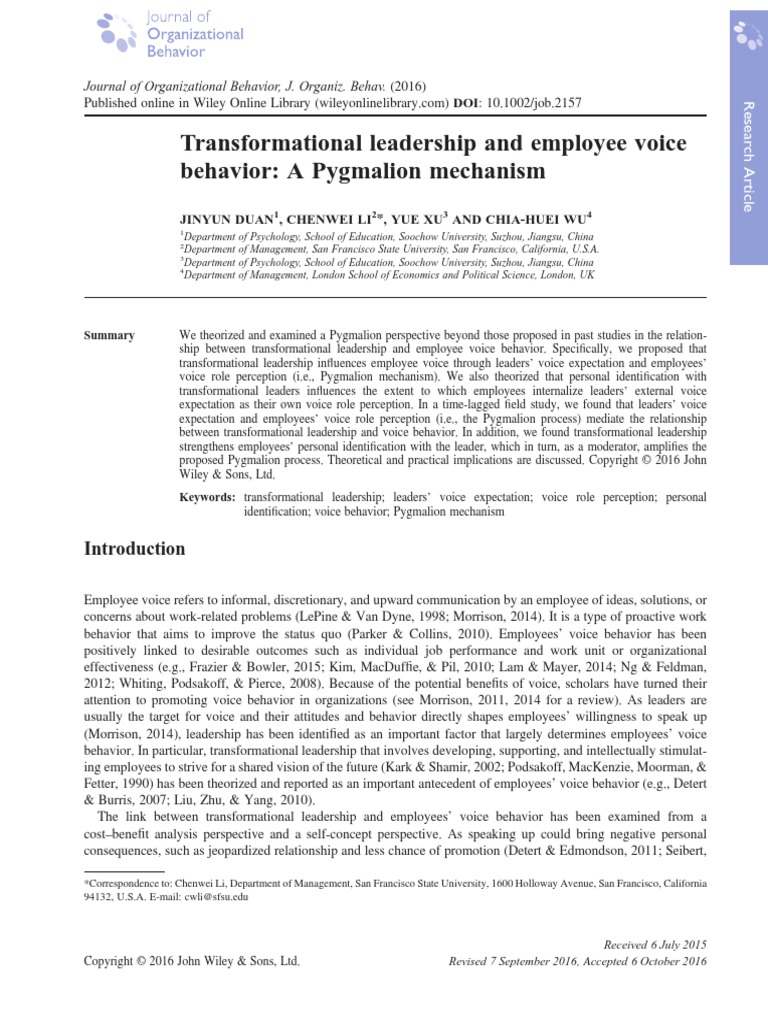 Duan 2016 | PDF | Transformational Leadership | Multilevel Model