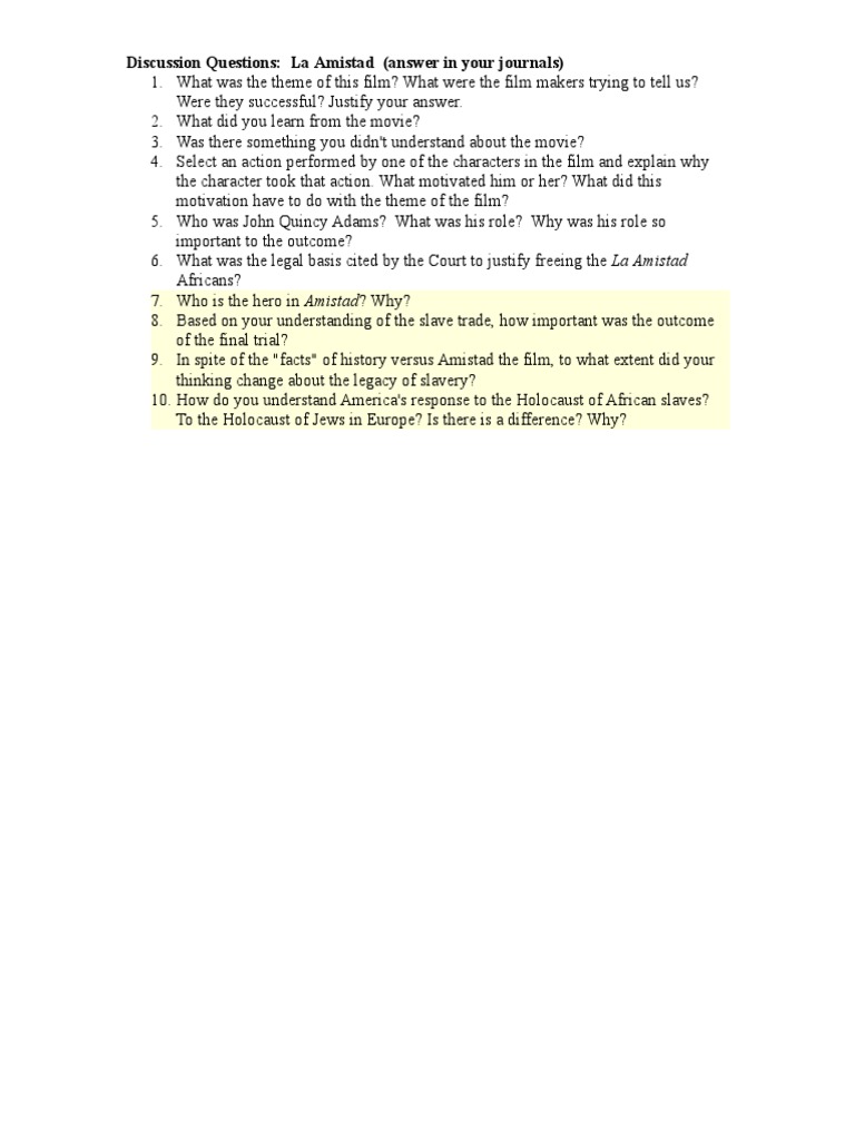 Amistad Film Analysis Questions | PDF