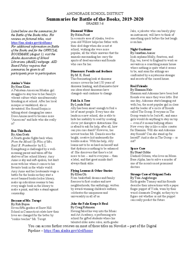 Summaries For Battle of The Books, 2019-2020: Anchorage School District ...