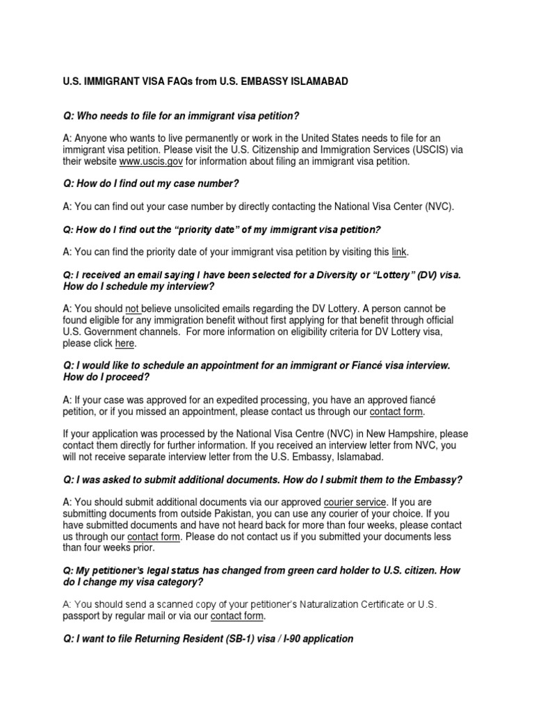 U.S. Immigrant Visa Faqs From U.S. Embassy Islamabad | Download Free ...