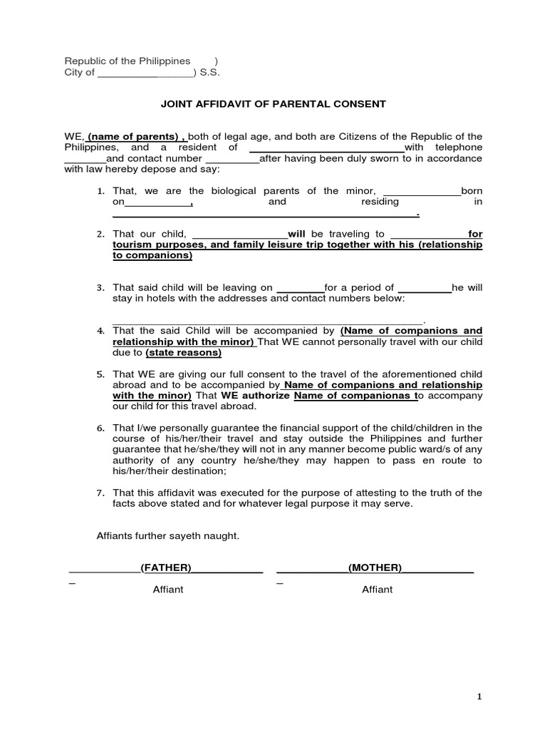 Joint Affidavit of Parental Consent To Travel | PDF | Affidavit | Civil ...