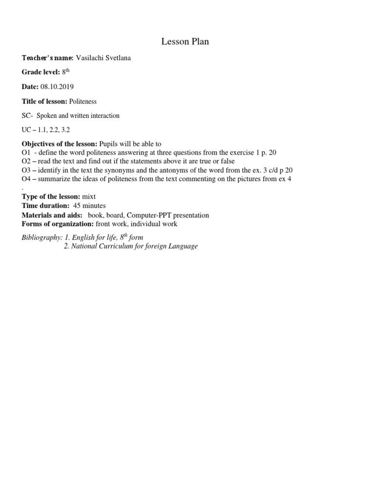 Lesson Plan Politeness | PDF | Lesson Plan | Communication