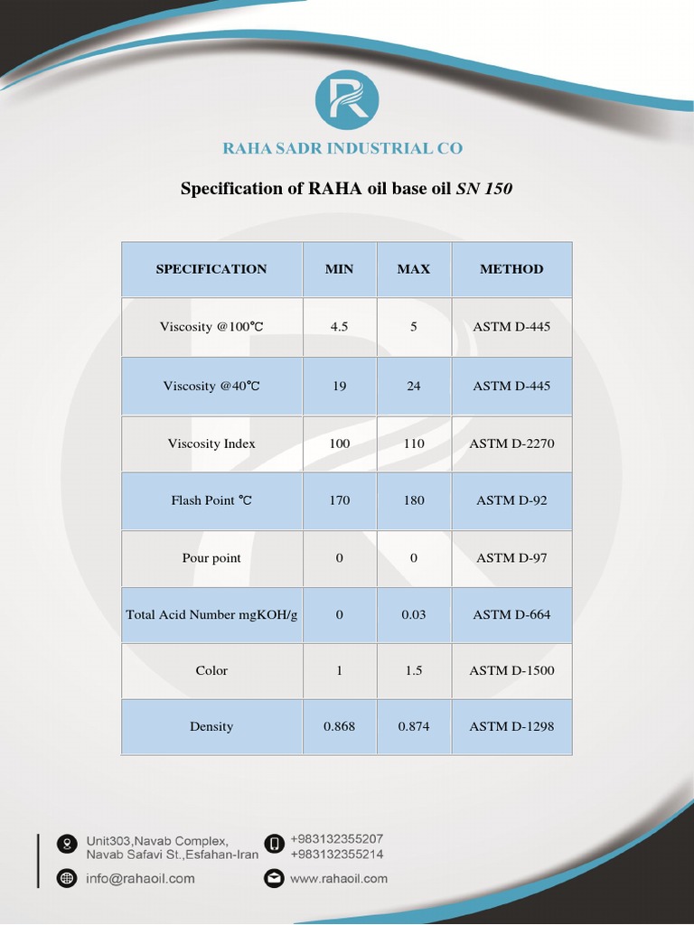 Specification of RAHA Oil Base Oil SN 150: Specification MIN MAX Method ...