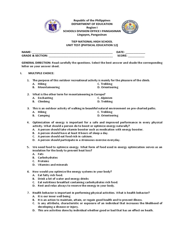 Pe 12 Unit Test | PDF | Underwater Diving | Outdoor Recreation