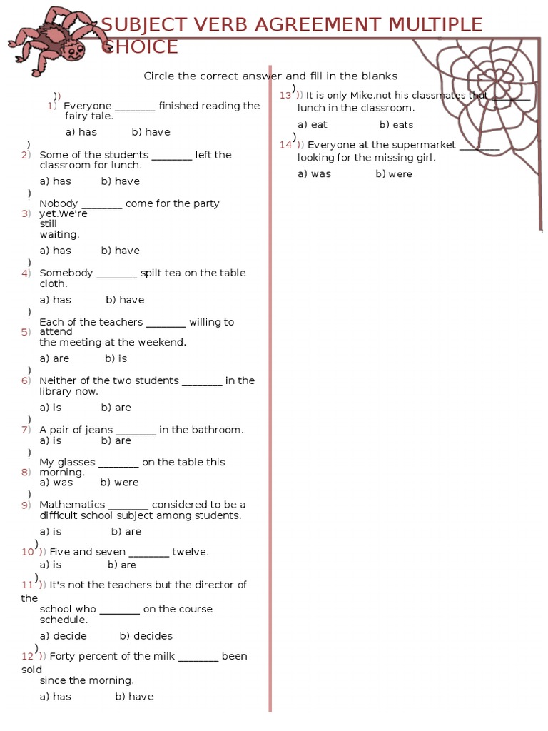 Subject Verb Agreement Multiple Choice Exercises Worksheet Grade 7 - 2 ...