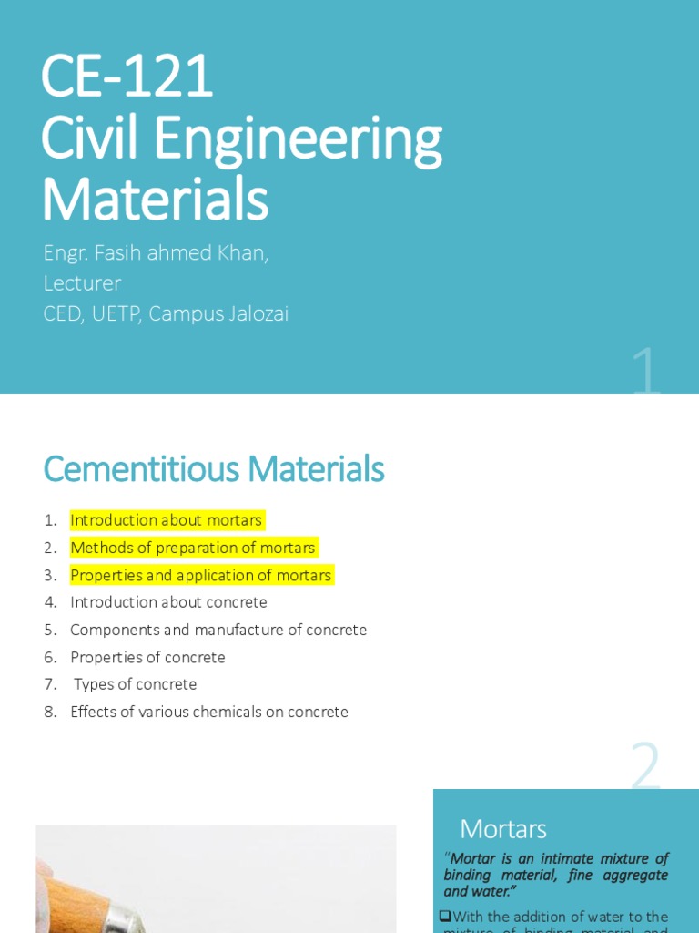 CE-121 Civil Engineering Materials Lecture 4 | PDF | Mortar (Masonry ...