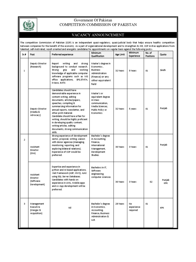 Government of Pakistan Competition Commission of Pakistan: Vacancy ...
