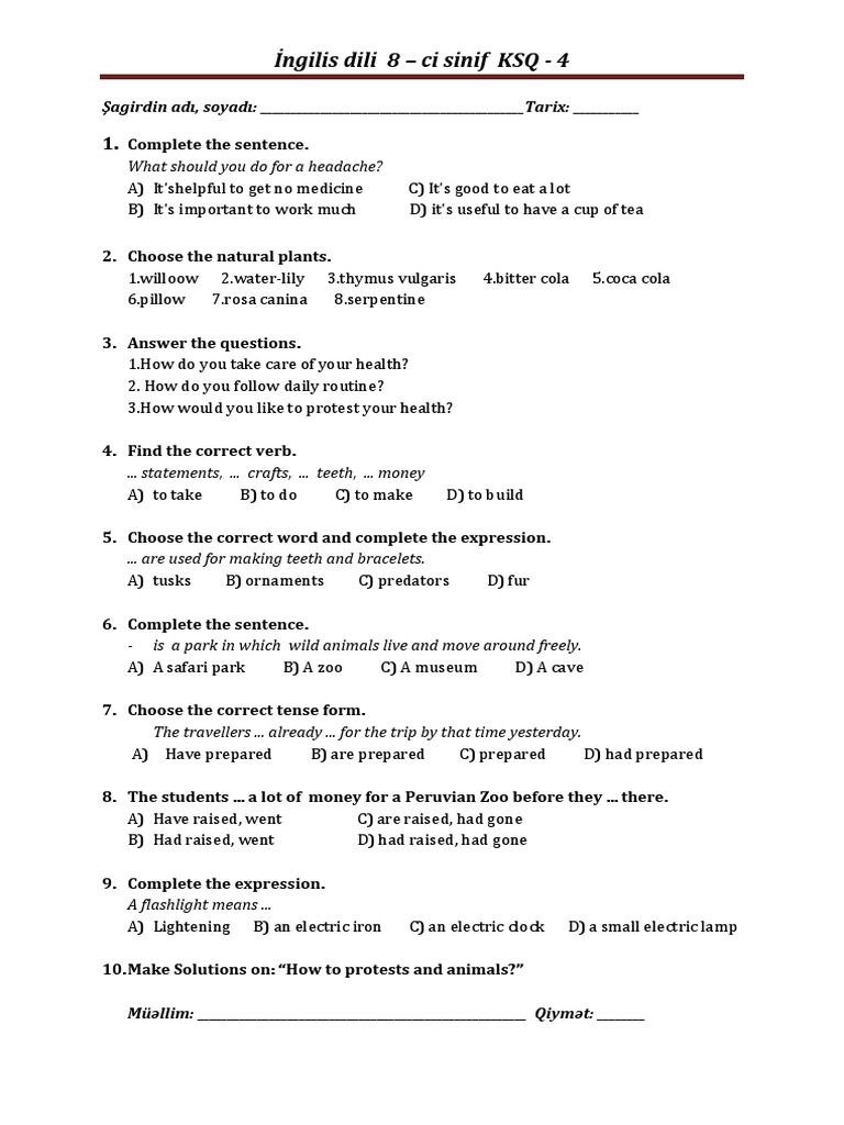 Ingilis Dili 8 Ci Sinif KSQ 4 | PDF