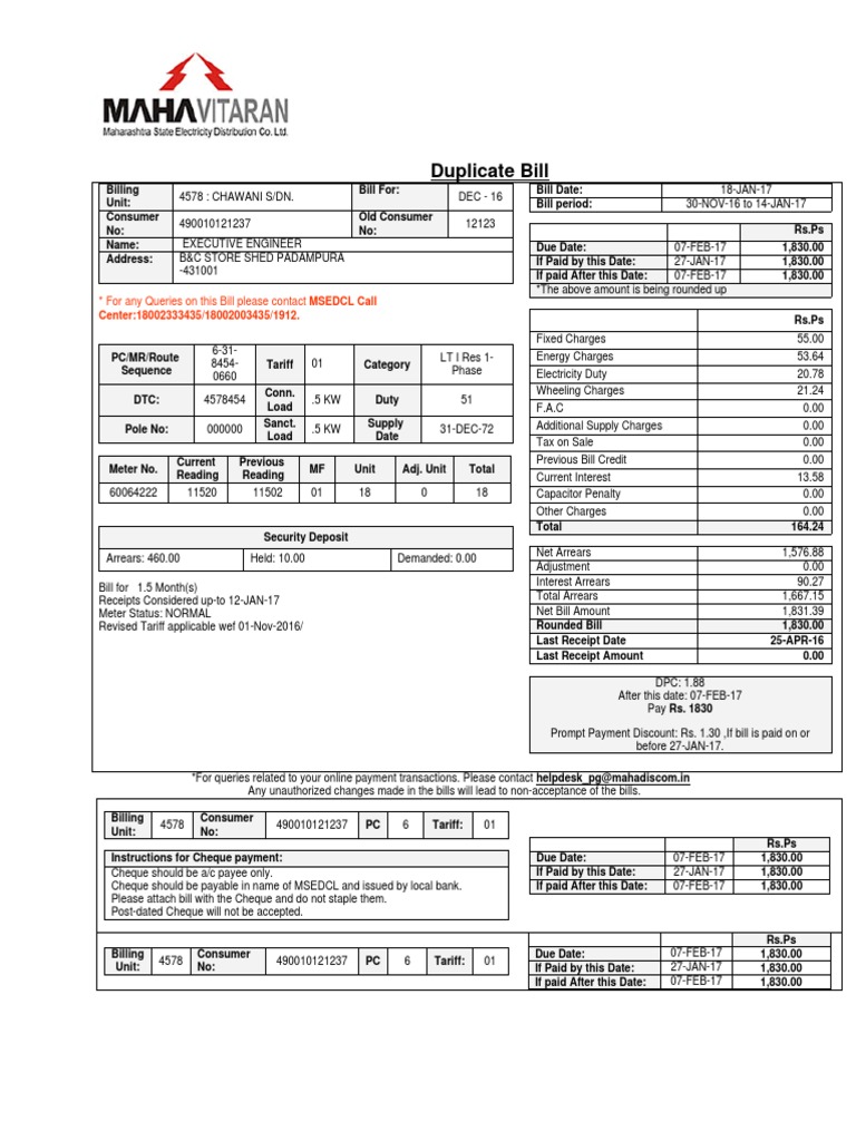 MSEB BILL Template | PDF | Payments | Cheque