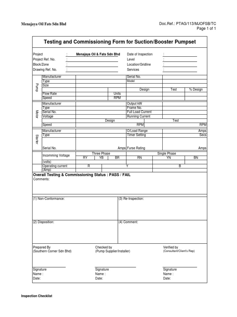 Testing and Commissioning Form For Suction/Booster Pumpset: Menajaya ...