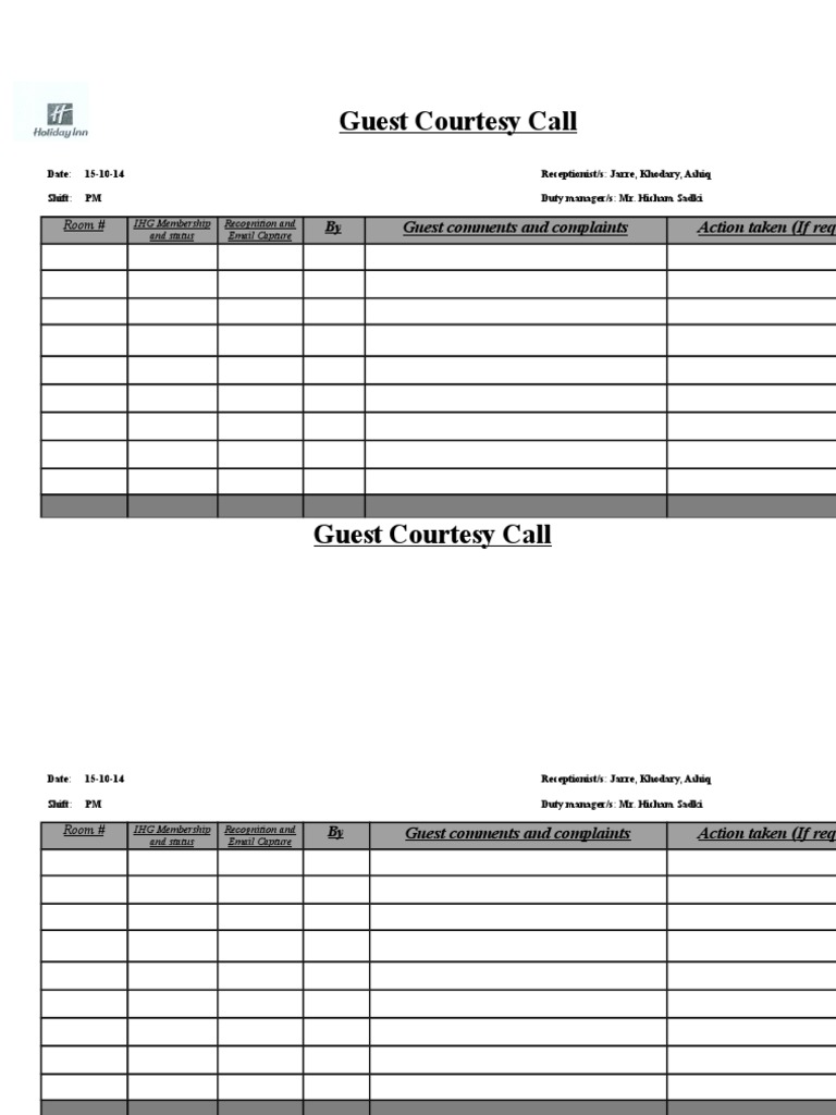 Guest Courtesy Call Date 15-10-14 Recept | PDF