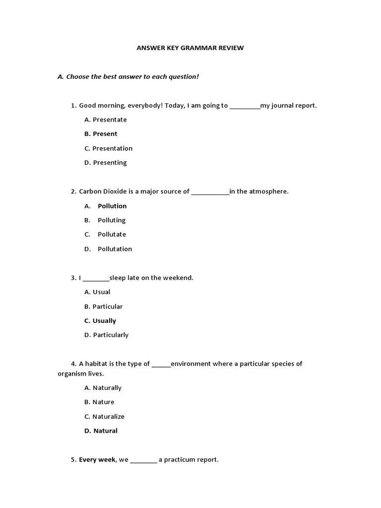 A. Choose The Best Answer To Each Question!: Answer Key Grammar Review ...