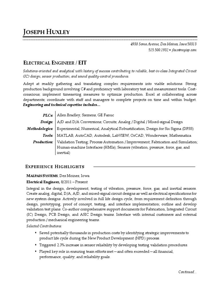 Electrical Engineer Sample Resume | Download Free PDF | Design For Six ...