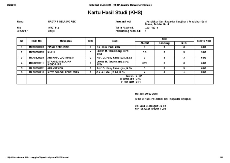 Kartu Hasil Studi (KHS) - UNIMA Learning Management Services | PDF
