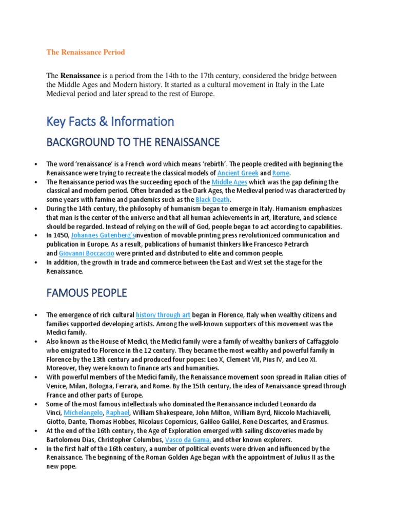 Key Facts & Information: Background To The Renaissance | PDF ...