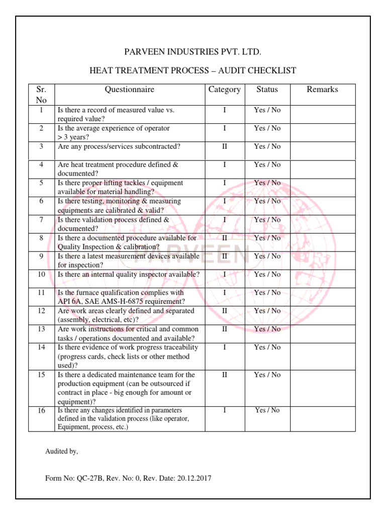 Parveen Industries Pvt. Ltd. Heat Treatment Process - Audit Checklist ...