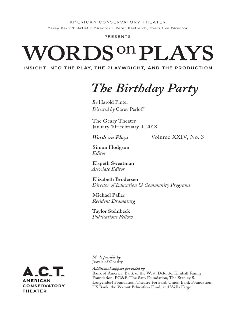 The Birthday Party: by Harold Pinter Directed by Carey Perloff | PDF ...
