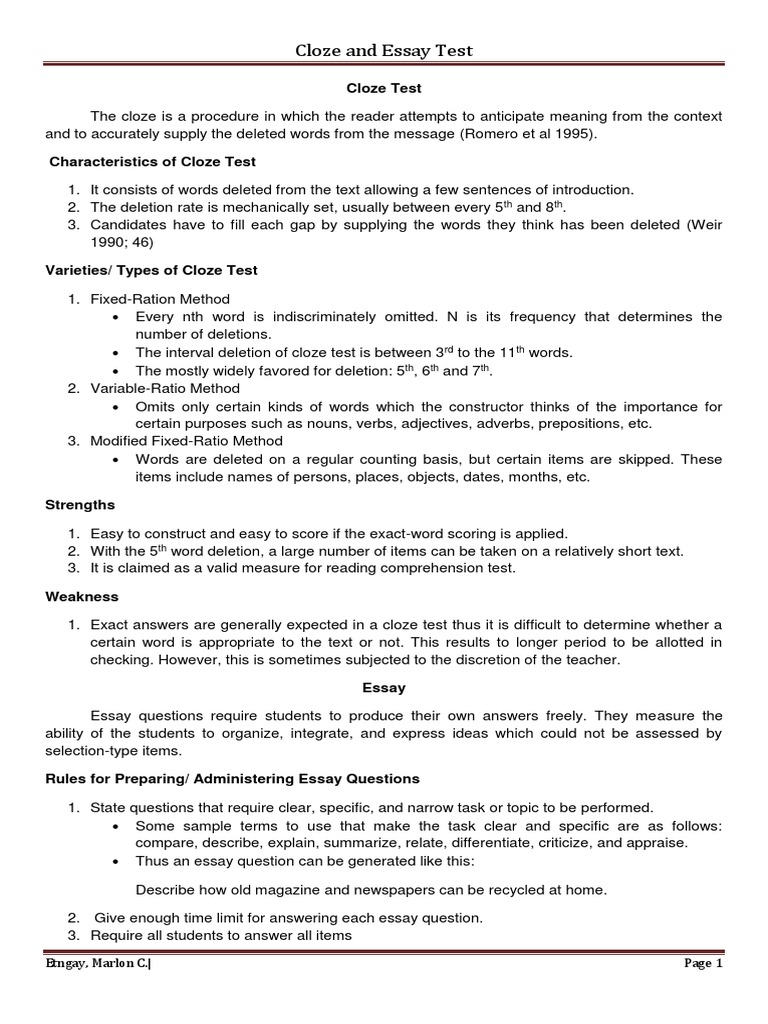 Cloze Test and Essay Test (Student Copy) | PDF | Essays | Word