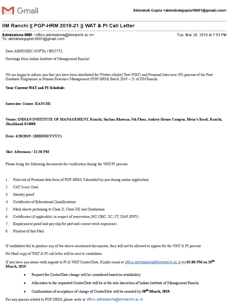 IIM Ranchi - PGP-HRM 2019-21 - WAT & PI Call Letter: Admissions IIMR | PDF
