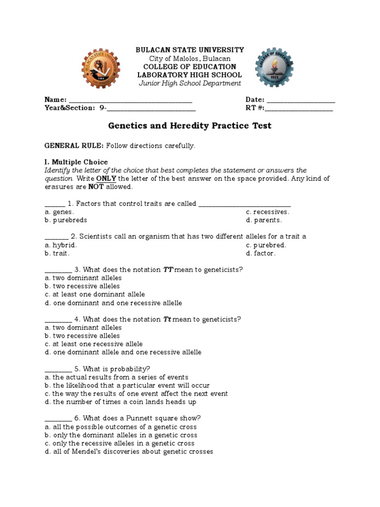 Genetics and Heredity Practice Test | PDF | Dominance (Genetics) | Allele